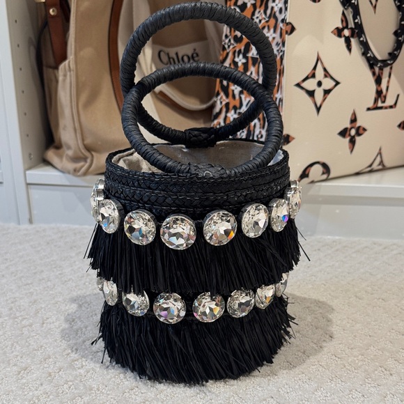 Btb Los Angeles | Bags | Btb Los Angeles Black Raffia Round Crysta Bag ...